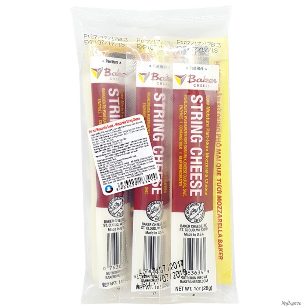 Phô mai que mozzarella string cheese Baker (3x28g) | 5giay