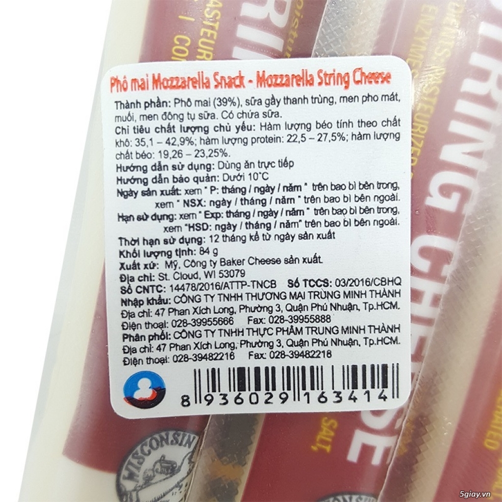 Phô mai que mozzarella string cheese Baker (3x28g) | 5giay