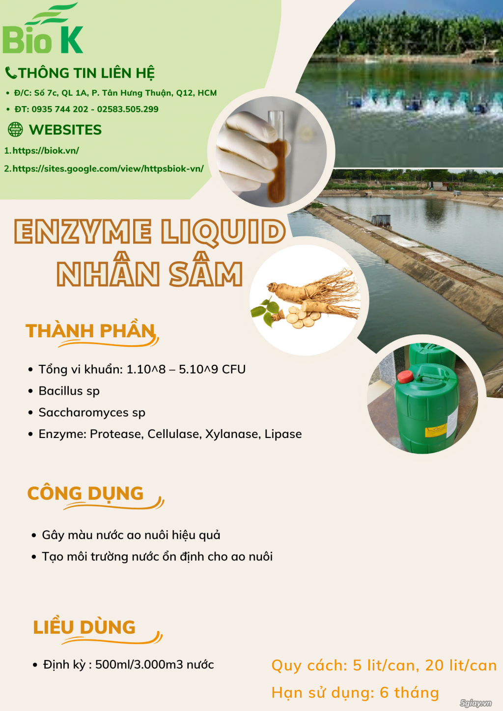 Enzyme liquid nhân sâm BIOK ( Gây màu nước , tạo môi trường nước ổn đị | 5giay